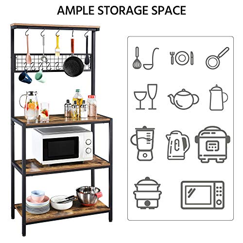 Yaheetech Kitchen Bakers Rack, Coffee Bar Station Microwave Stand with 10 Hooks and Adjustable Feet, Freestanding Utility Storage Shelf for Kitchen, Dinning Room, Living Room, Rustic Brown