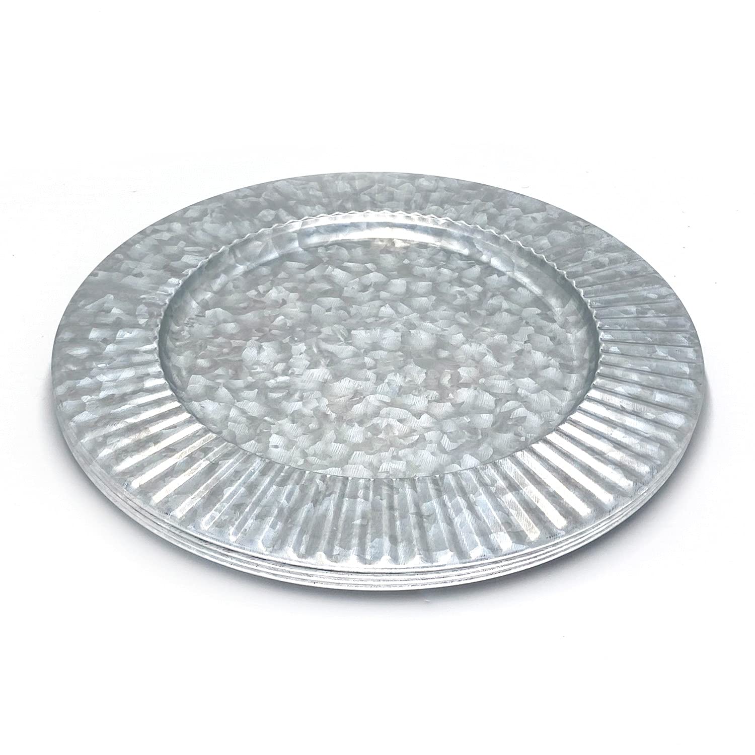 KOXIN-KARLU 6-piece Ruffled Galvanized Charger Plates, 13-inch Steel Charger Plates Silver Dinner Plate Chargers Round Server Ware