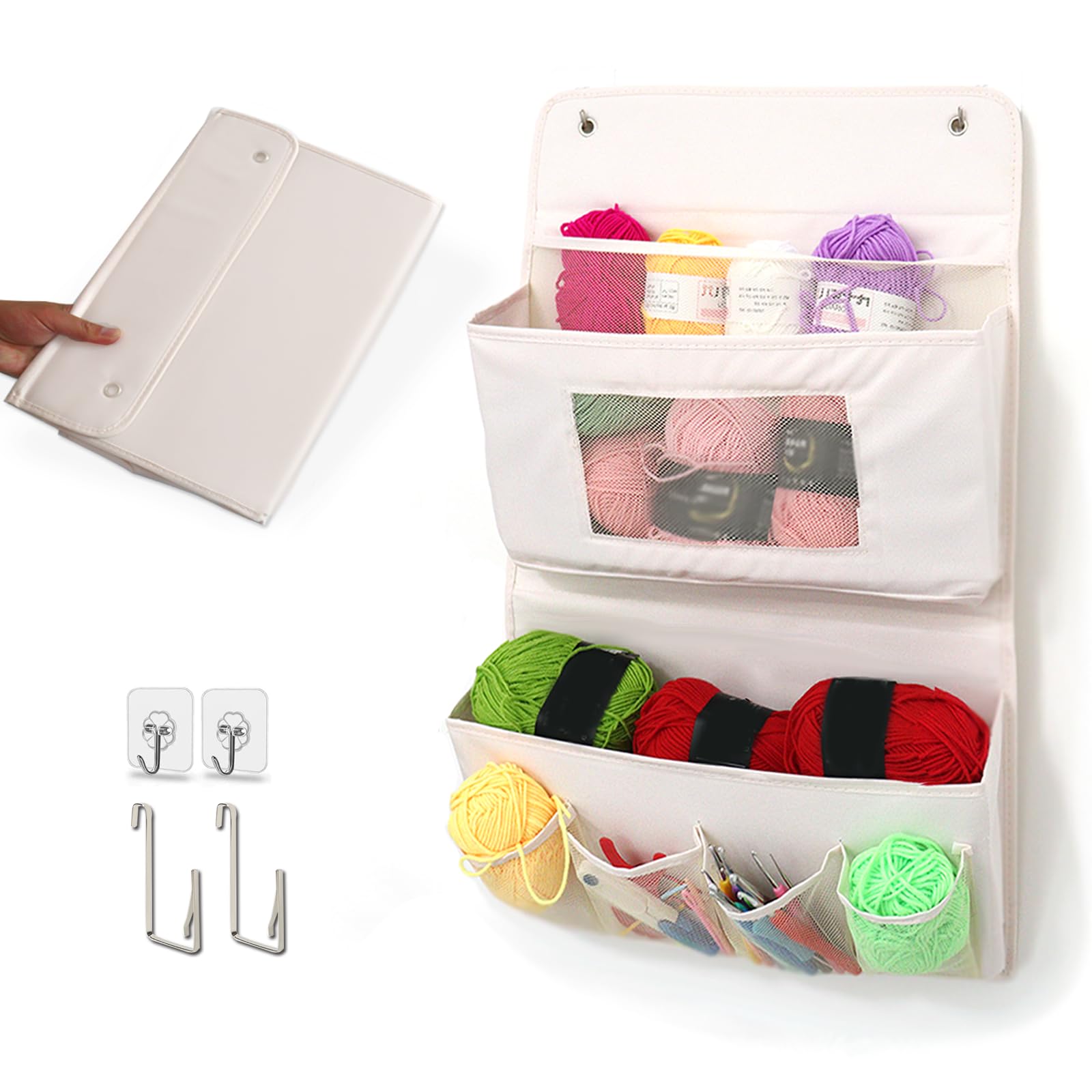 KDVBP Knitting Bag for Yarn Storage, The Ultimate Crocheting & Knitting Accessories Organizer, Transparent Wall or Door Display, Easy Access to Your Crochet Kit, Perfect for Yarn Beginners (Beige)