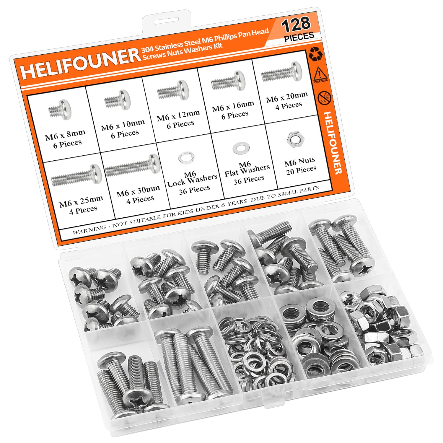 HELIFOUNER 128 Pieces M6 x 8mm /10mm /12mm /16mm /20mm /25mm /30mm, Phillips Pan Head Machine Screws, Metric Screws Bolts Washers Nuts Kit, 304 Stainless Steel