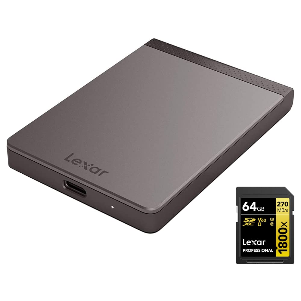 Lexar LSL200X512G-RNNNU SL200 512GB Portable SSD, Solid State Drive Bundle Professional 1800x Gold Series 64GB SDXC UHS-II Card