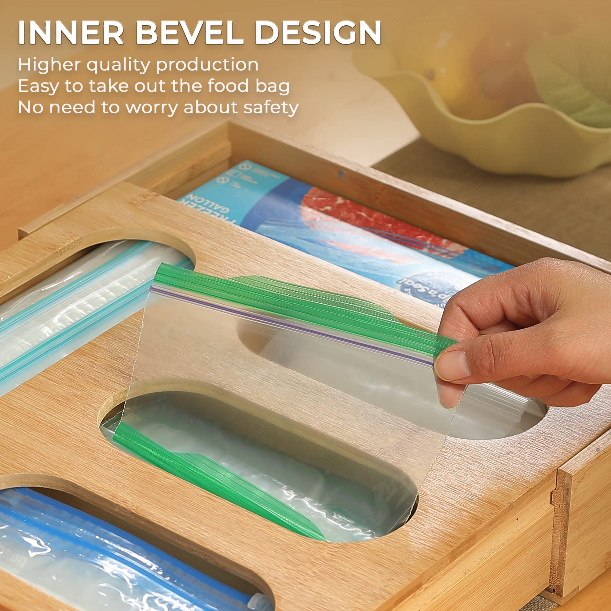 IK Innovations Bamboo Ziplock Bag Organizer for Drawer 7-In-1 Expandable Foil and Plastic Wrap Organizer 12” With Baggie Holder | Ziplock Bag Storage Organizer for Gallon Quart Sandwich Snack Bags
