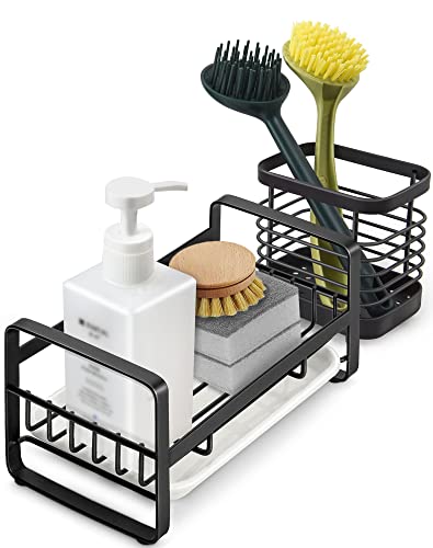 YVMVDV Kitchen Sink Caddy Sponge Holder for Sink, 304 Stainless Steel Sink Caddy Organizer with Drain Pan,Kitchen Organizer Soap Brush Dispenser with Brush Dishrag Holder Rack (Black)