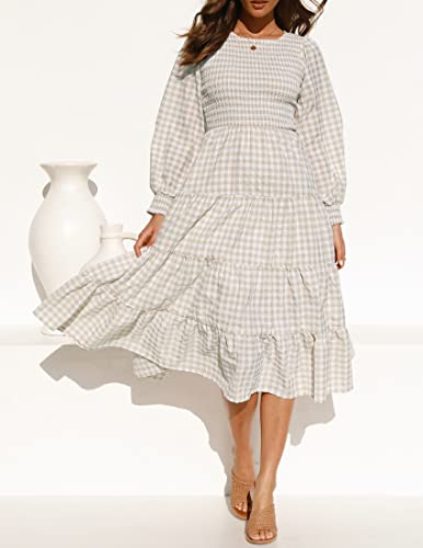 ZESICA Women's Casual Plaid Crew Neck Long Puff Sleeve Elastic Waist Smocked Flowy Tiered Midi Dress,Beige,Medium
