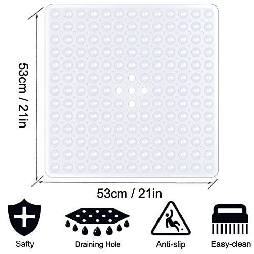 XIYUNTE Square Shower Mat Non Slip - 21 x 21inch Square Bath Shower Tub Mat, Square Rubber Bath Mats for Shower, Non Slip Bathtub Mats with Suction Cups & Drain Holes, Machine Washable, Clear