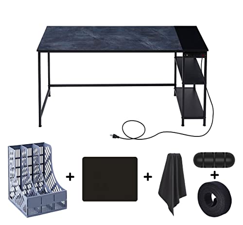 YOLOXO Computer Home Office Desk with Power Strip Outlet, 63 Inch Small Desk Study Writing Table with Storage Shelves, Modern Simple PC Desk, Black/Seablue,Blue