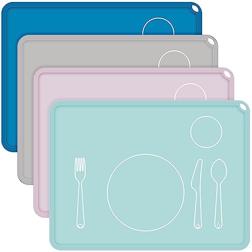 Zhehao 4 Pcs Montessori Kids Placemat, 16 x 12'' Non Slip Baby Placemat Silicone Placemats for Toddlers Baby Eating Mat Food Mats for Toddlers, Dining Table Setting Learning, Travel, Kitchen, 4 Colors