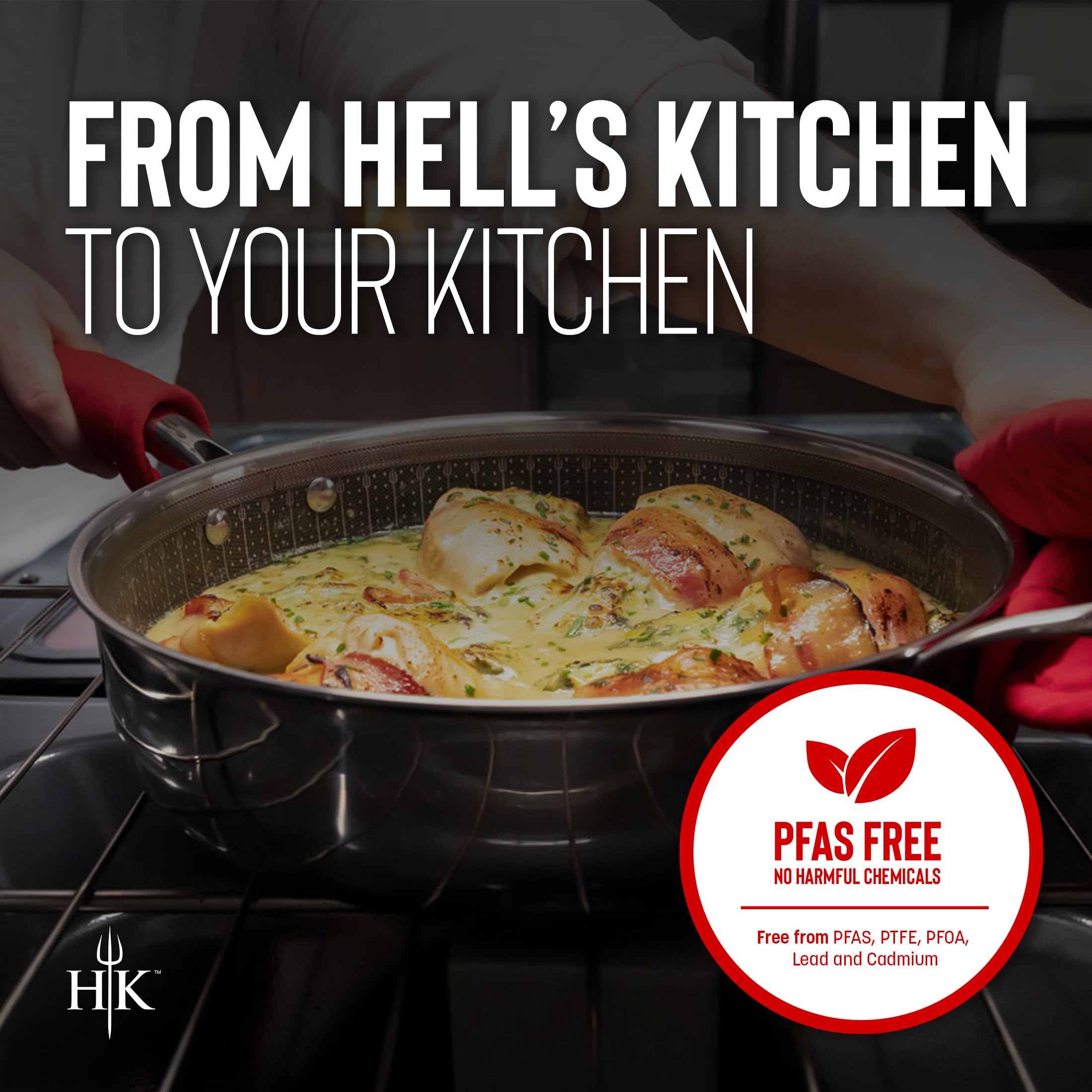 Hell's Kitchen Hybrid 4 Qt Sauté Pan and lid, Tri-Clad Stainless Steel and Nonstick Ceramic, PFAS Free, no PFOA, PTFE, or Teflon, Non Toxic Cookware, Metal Utensil Safe, All Cooktops and Oven Safe