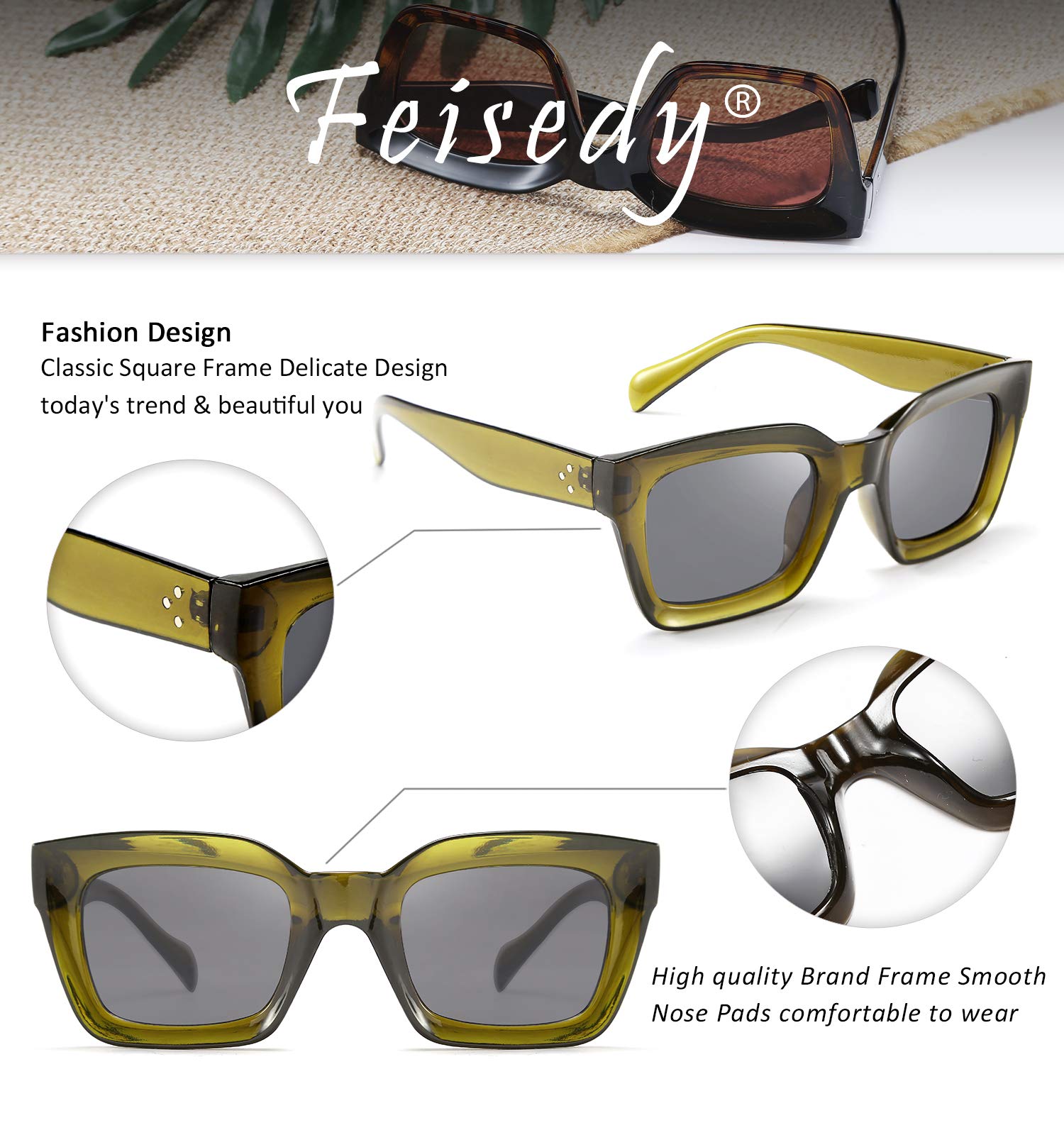 FEISEDY Classic Women Sunglasses Fashion Thick Square Sun Glasses Chunky Frame UV400 B2471