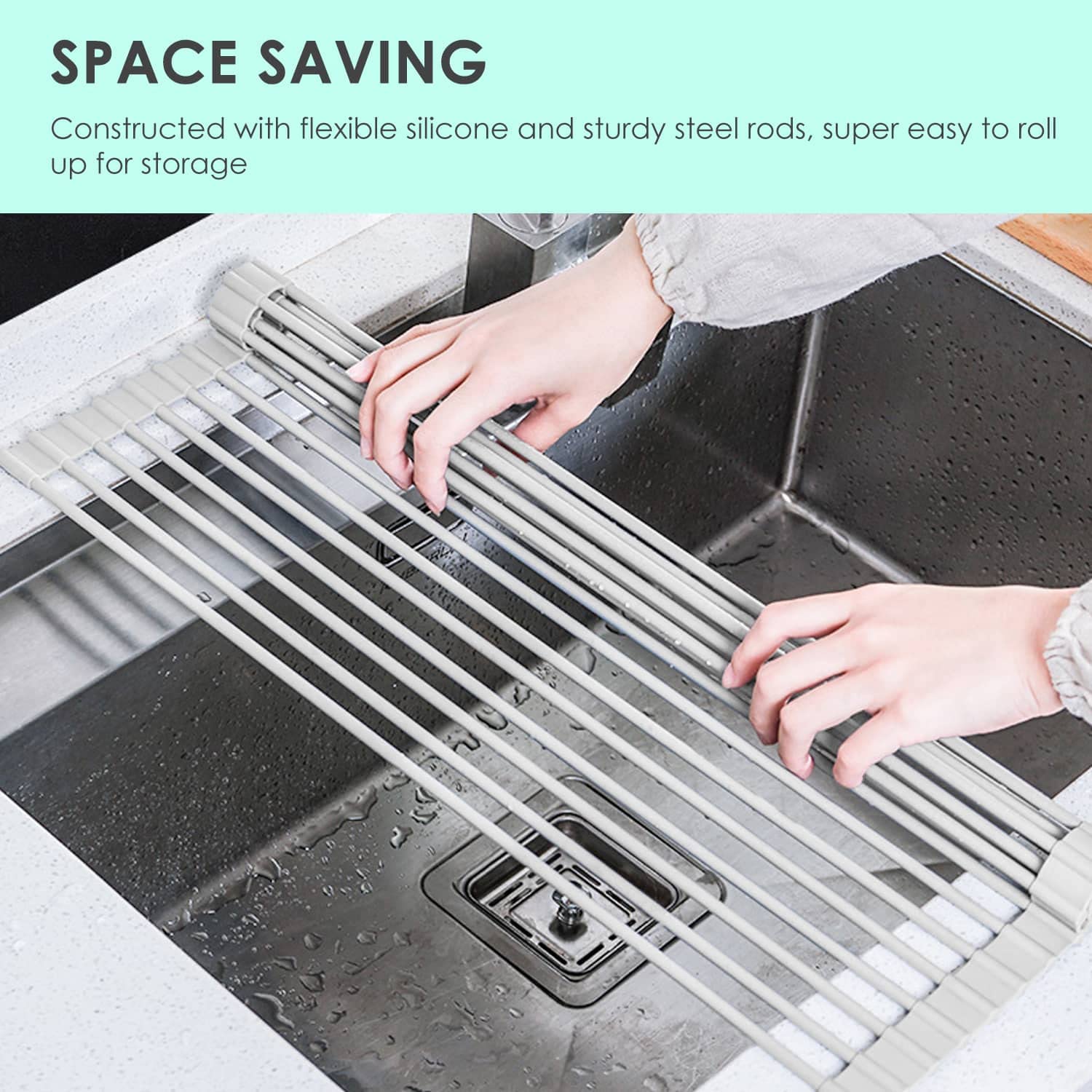 Geeyoung 17" x 13" Over The Sink Roll Up Dish Drying Rack - Food Safe Grade Silicone Wrapped Stainless Steel Dish Dying Rack - Foldable Roll Up Sink Drying Rack (Gray)