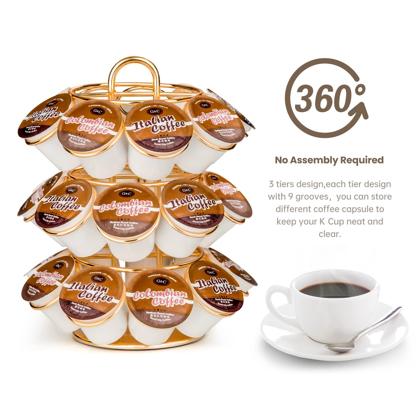 KREWEY Coffee Pod Holder, K Cup Holders,Coffee Pod Storage Compatible with K Cups (27 Pods), Spins 360-Degrees Coffee Pod Carousel Holder Organizer, Modern Gold Design (Round,Shining Gold)