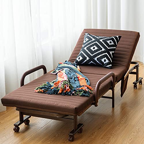 Giantex Folding Bed with Mattress, Foldable Portable Guest Bed w/Adjustable 6 Position & Side Storage Pocket, Fold up Bed on Wheels for Home, Roll Away Beds with Mattresses for Adults, Brown