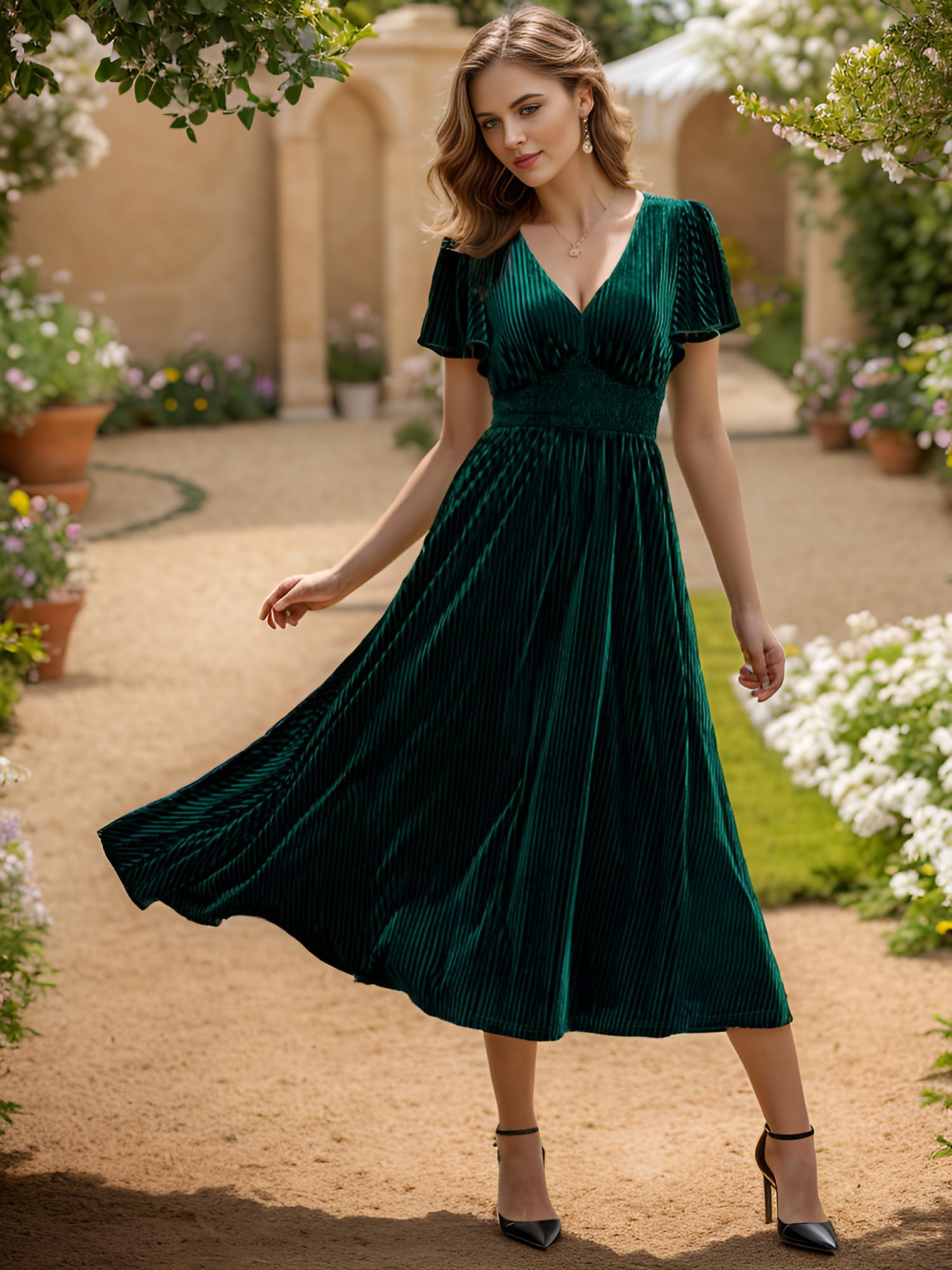 Ever-Pretty Women's Short Sleeve V Neck A Line Velvet Midi Dress Bridesmaid Cocktail Party Dresses Deep Green US6