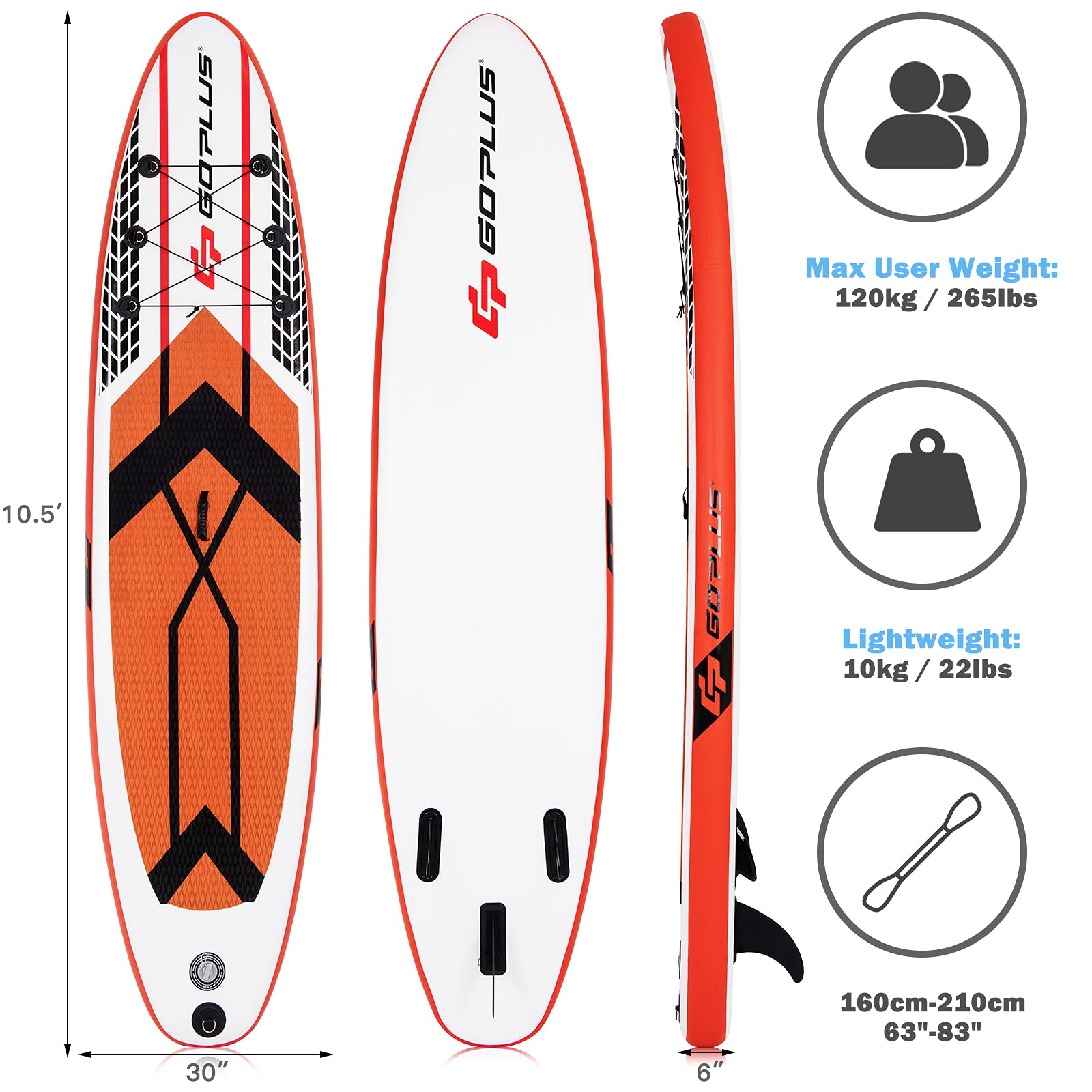 GOPLUS 10.5' Inflatable Stand Up Paddle Board SUP Cruiser with Fin, Adjustable Paddle, Hand Pump and Carry Backpack (Orange)