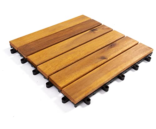 YAMAZING 12βx12β Solid Wood Interlocking Flooring Tiles (Pack of 9), Acacia Hardwood Deck Tiles, Floor Tile for Both Indoor & Outdoor Use, Patio Garden, Waterproof All Weather, 6 Slat (9 Sq Ft)