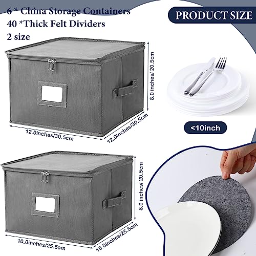 Geelin 6 Pieces China Storage Containers for Plate 2 Sizes Dinnerware Storage Box with Zipper Lid and Handles Including 40 Thick Felt Dividers Square Dinnerware Box for Stackable Bowls Cookware, Gray