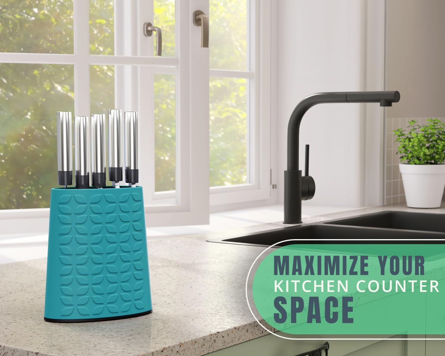 Knife Block for Kitchen Storage w/Removable Bristles - Convenient & Secure Knife Stand for Holding Small & Large Knives- Blue