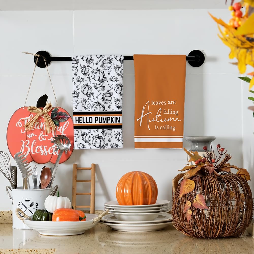 GEEORY Fall Kitchen Dish Towels Set of 2 for Fall Decor,Hello Black Printed Stripes Pumpkin 18x26 Inch Drying Dishcloth,Farmhouse Home Decoration GD117