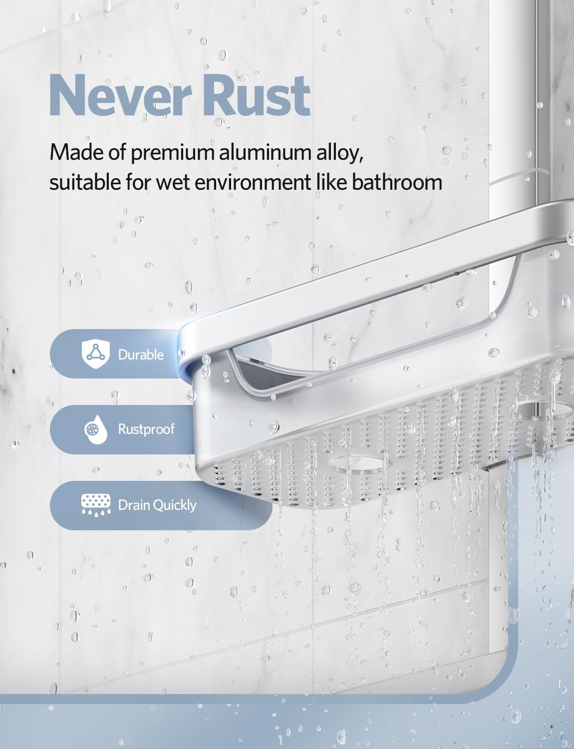 LAMU Adjustable-Shower-Caddy-Hanging, Rust Proof Shower Hanging Organizer, 3-Tier Aluminum Alloy + ABS, Large Capacity Shower Caddy Over-the-Showerhead with Hooks, Razor Holder, Soap Dish, Silver