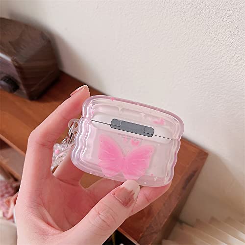 MINSCOSE Cute Airpod Pro Clear Case,Cute Graffiti Butterfly Pattern Design with Pretty Pink Flower Crystal Keychain Soft TPU Smooth Shockproof Compatible with Airpods Pro Charging Case for Girls Women