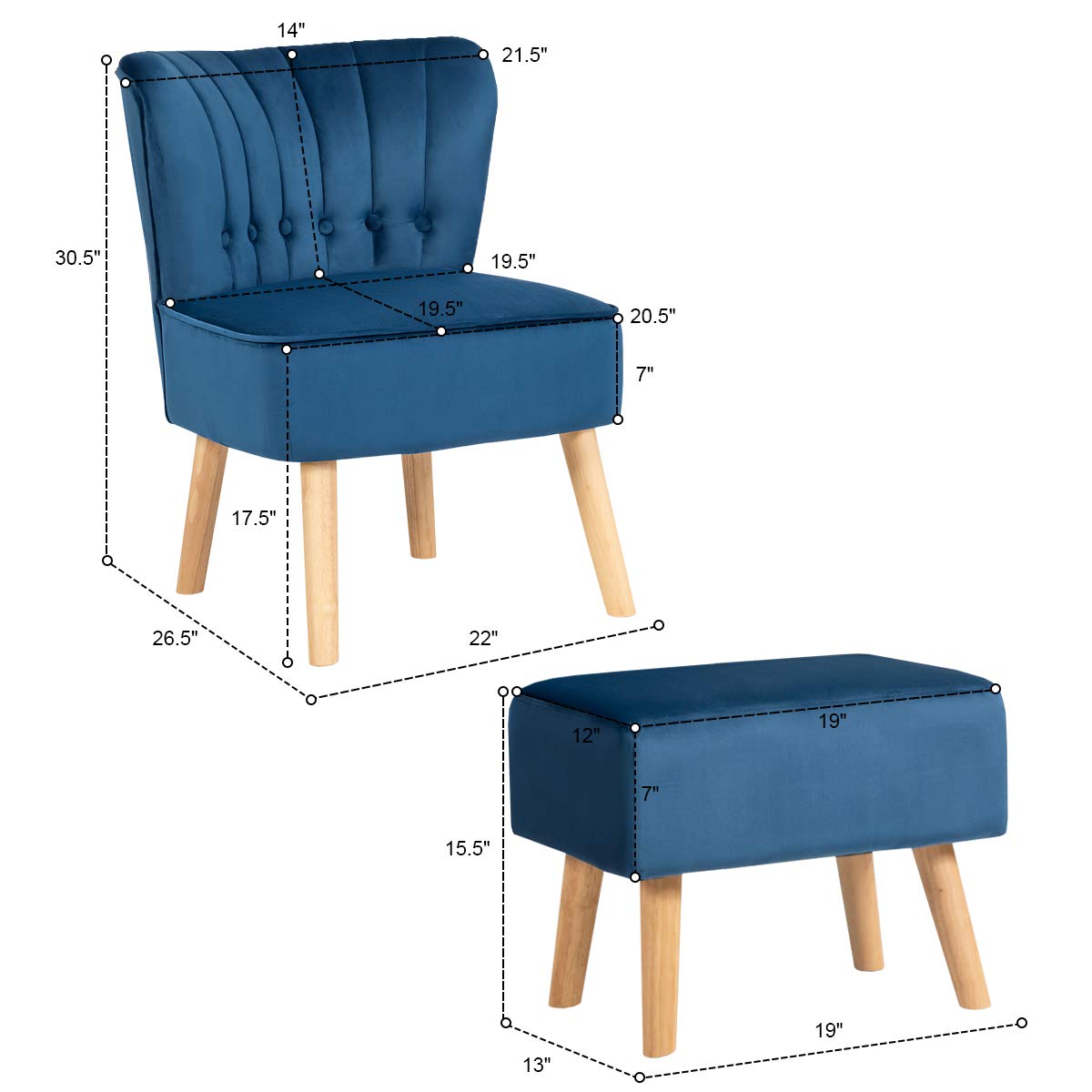 Giantex Modern Accent Chair Ottoman Set, Armless Slipper Sofa Chair with Footstool, Velvet Upholstered, Button Tufted, Single Chair and Ottoman for Living Room/Bedroom/Home Office (Blue)