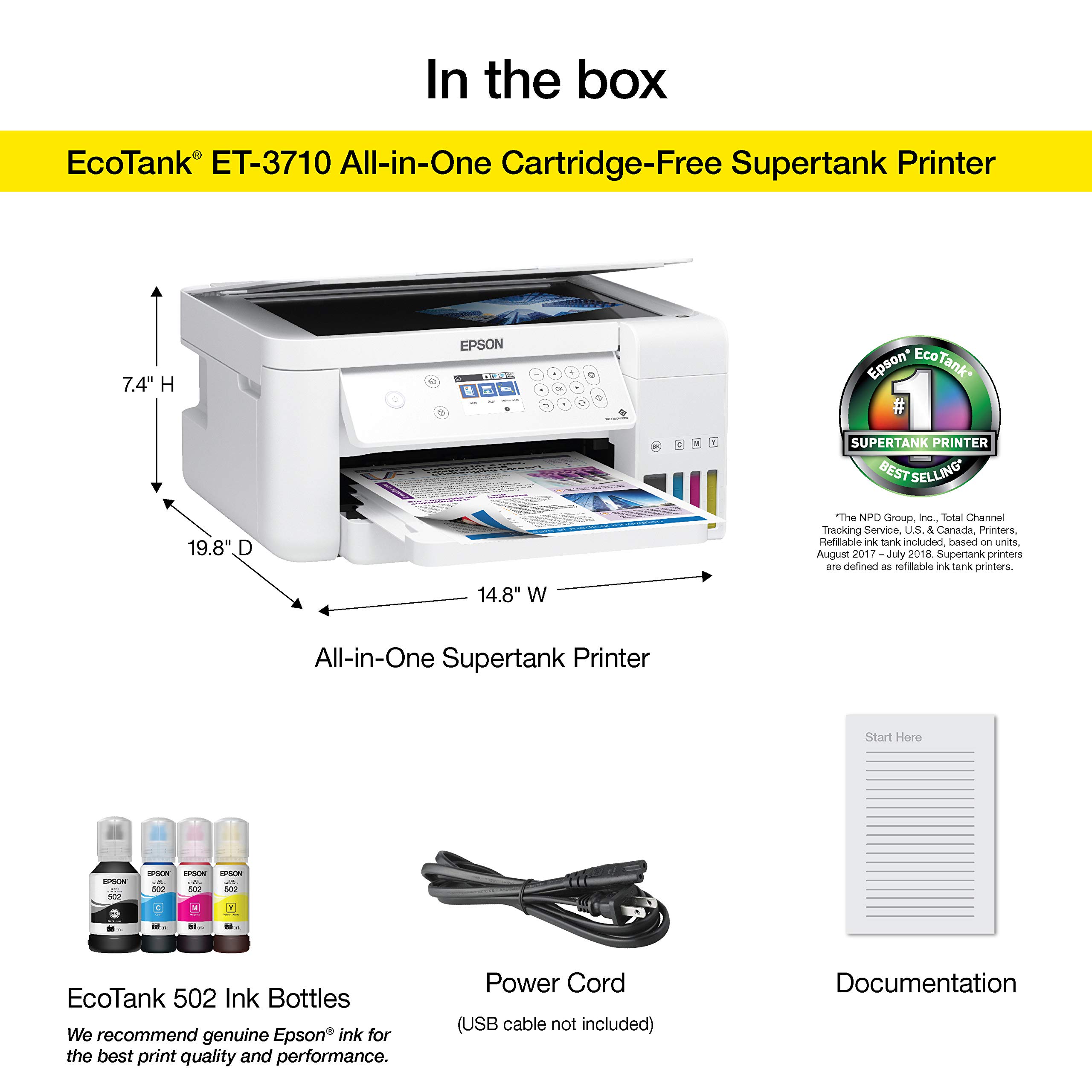 Epson EcoTank ET-3710 Wireless Color All-in-One Cartridge-Free Supertank Printer with Scanner, Copier and Ethernet, Compatible with Alexa (Renewed)
