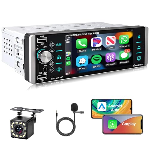 Single Din Car Stereo Support Apple Carplay Android Auto, Podofo 5.1'' IPS Touchscreen Car Radio Video Music Player Bluetooth Audio AUX/USB/FM Voice Assistant Steering Wheel Control Backup Camera