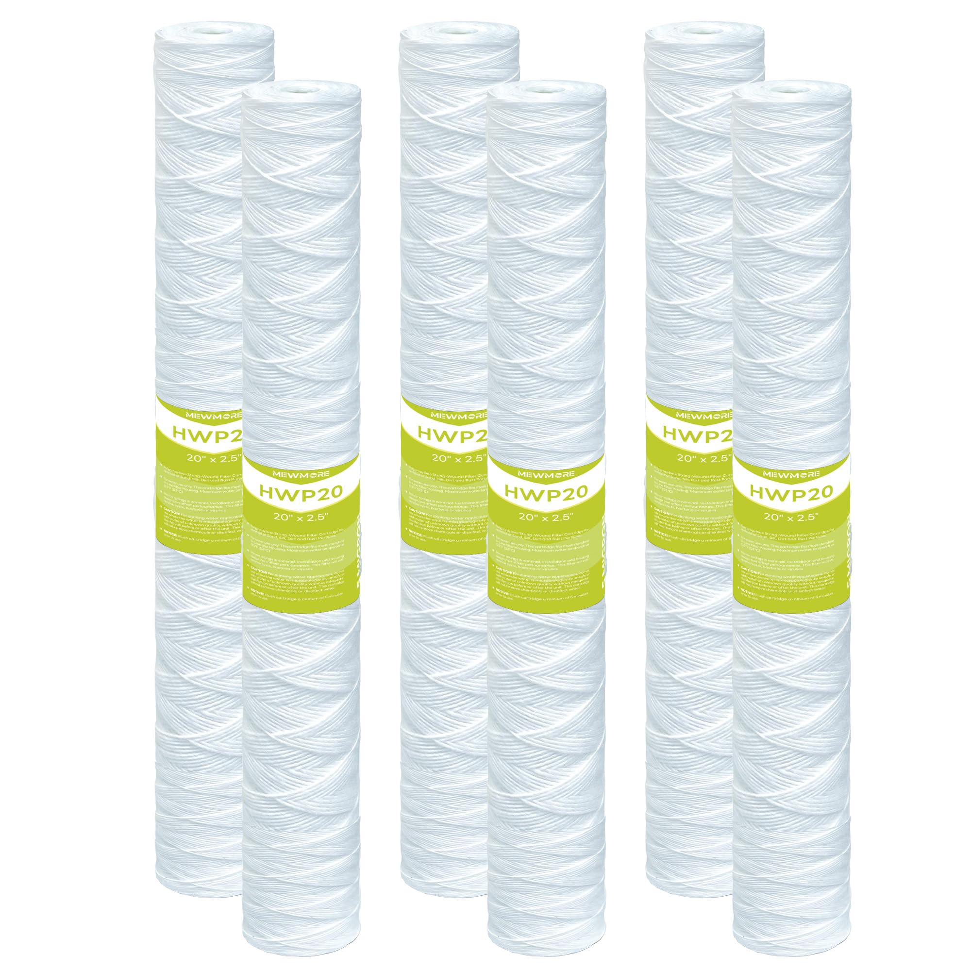 MewMore 5 Micron Whole House Water Filter Cartridge, String Wound Sediment Filters for Well Water, Universal Replacement for Any 20 inch Silm Housings - 20" x 2.5" Cartridges - Pack of 6