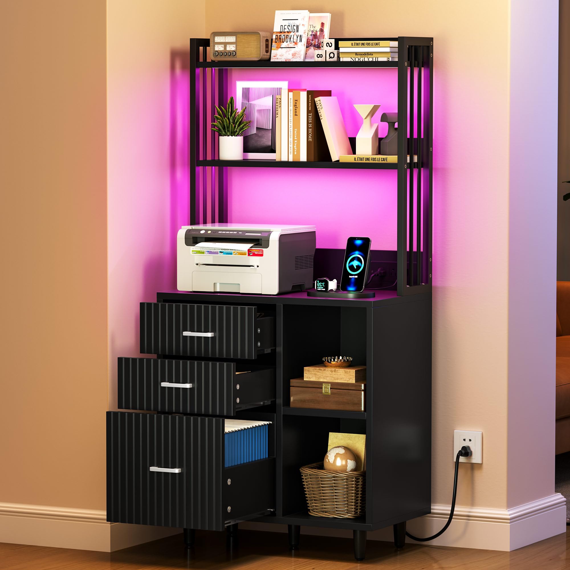 YITAHOME 3 Tier Bookcase, Bookshelf with Lighting, File Cabinet with Charging Station, 3 Drawer Wood Filing Cabinet, Printer Stand with Open Storage Shelves for Home Office, Black