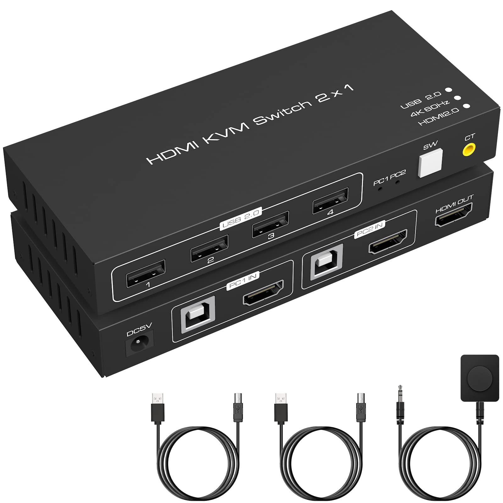 KVM Switch HDMI 2 Port 4K 60Hz 4 Port USB2.0 for 2 Computers 1 Monitor Share Keyboard Mouse Printer Support Wire-Desktop Controller Including 2 USB2.0 Cable