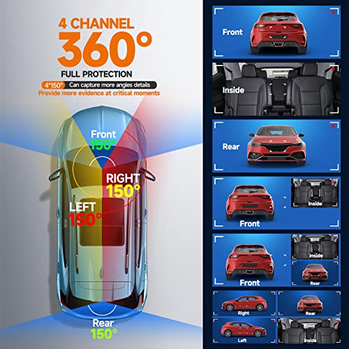 HUPEJOS V7 360° Dash Cam, 4 Channel Quad Camera FHD 1080P*4 Front, Left, Right, and Rear with WiFi, Adjustable Lens Dash Camera for Cars with Night Vision, Free 128GB Card, 24 Hours Parking Mode