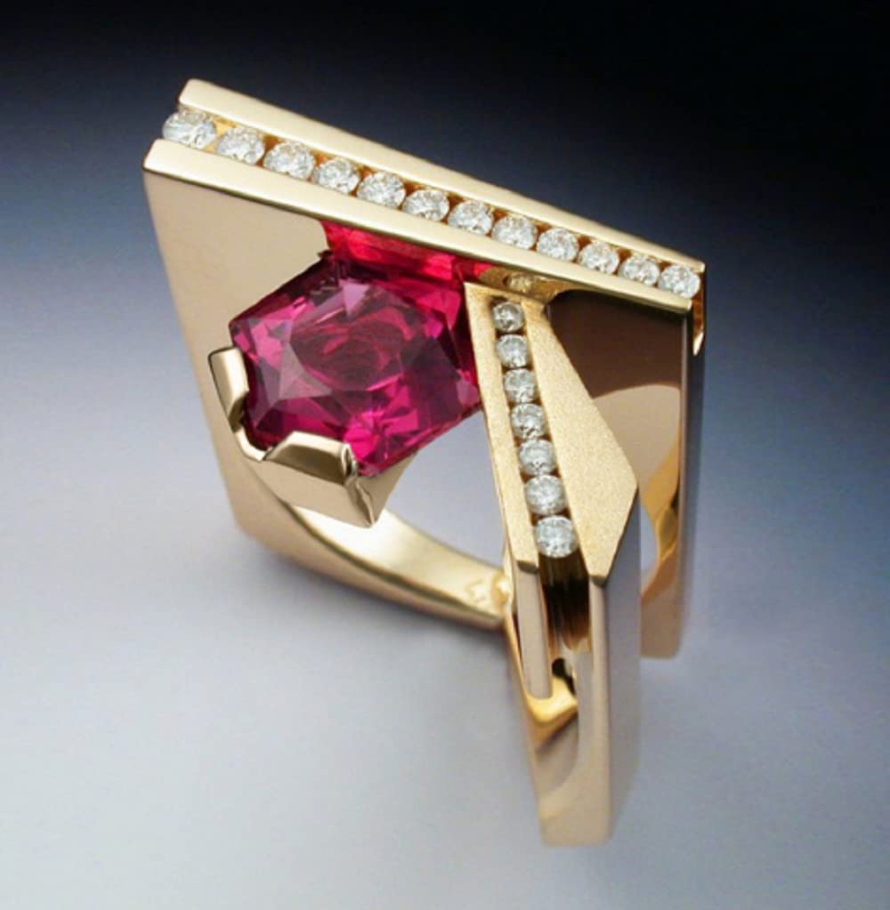 HUKQBUNX 18K Gold Multi Gem Geometric Irregular red gem Multi Diamond Diamond Diamond Cubic Zircon Women's Precious Fashion gem Couple Wedding Engagement Ring Size 6-10 (Size 9)