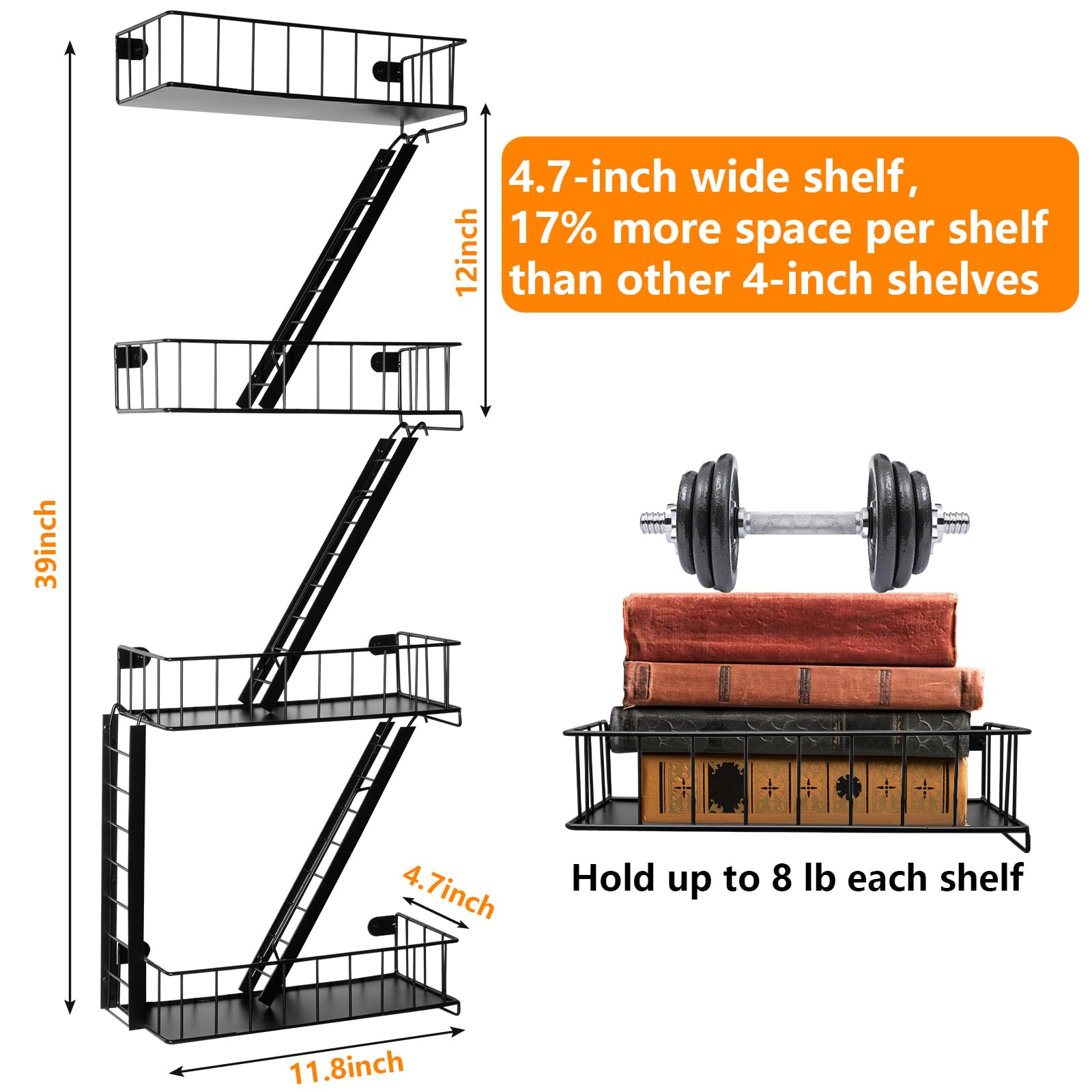 INPARALLUV Fire Escape Shelf Fire Escape Wall Shelf Wall Mounted Floating Shelf Black Metal Shelf 3 Tier