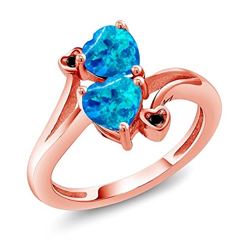 Gem Stone King 1.53 Ct Heart Shape Blue Simulated Opal 18K Rose Gold Plated Silver Black Diamond Ring (Size 7)