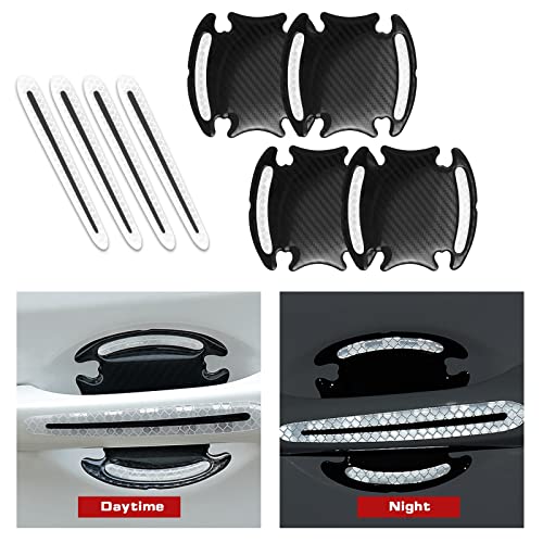 Xotic Tech Car Side Door Marker Rearview Mirror Edge & Door Handle Protector Guard Cover Warning Sticker Set, Carbon Fiber Pattern w/Reflective Safety Strip (White)