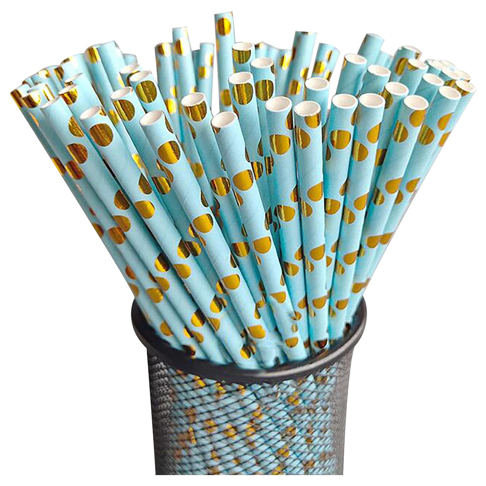Juesi [100 Pack] Paper Straws Gold Coated, Biodegradable Paper Drinking Straw for Both Hot and Cold Beverages, 7.67 inch for Party Bar Shop Restaurant (Blue)