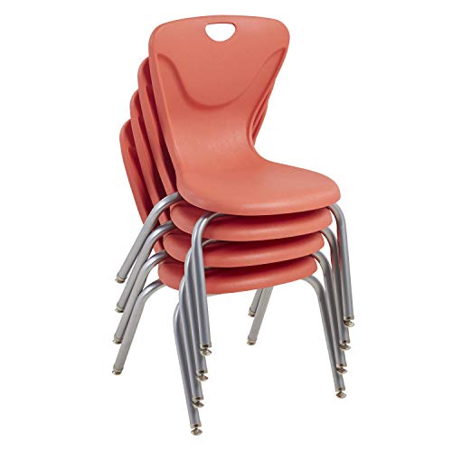 FDP 16" Contour School Stacking Student Chair, Ergonomic Molded Seat Shell with Powder Coated Silver Frame and Swivel Leg Glides; for in-Home Learning or Classroom - Tangerine (4-Pack)
