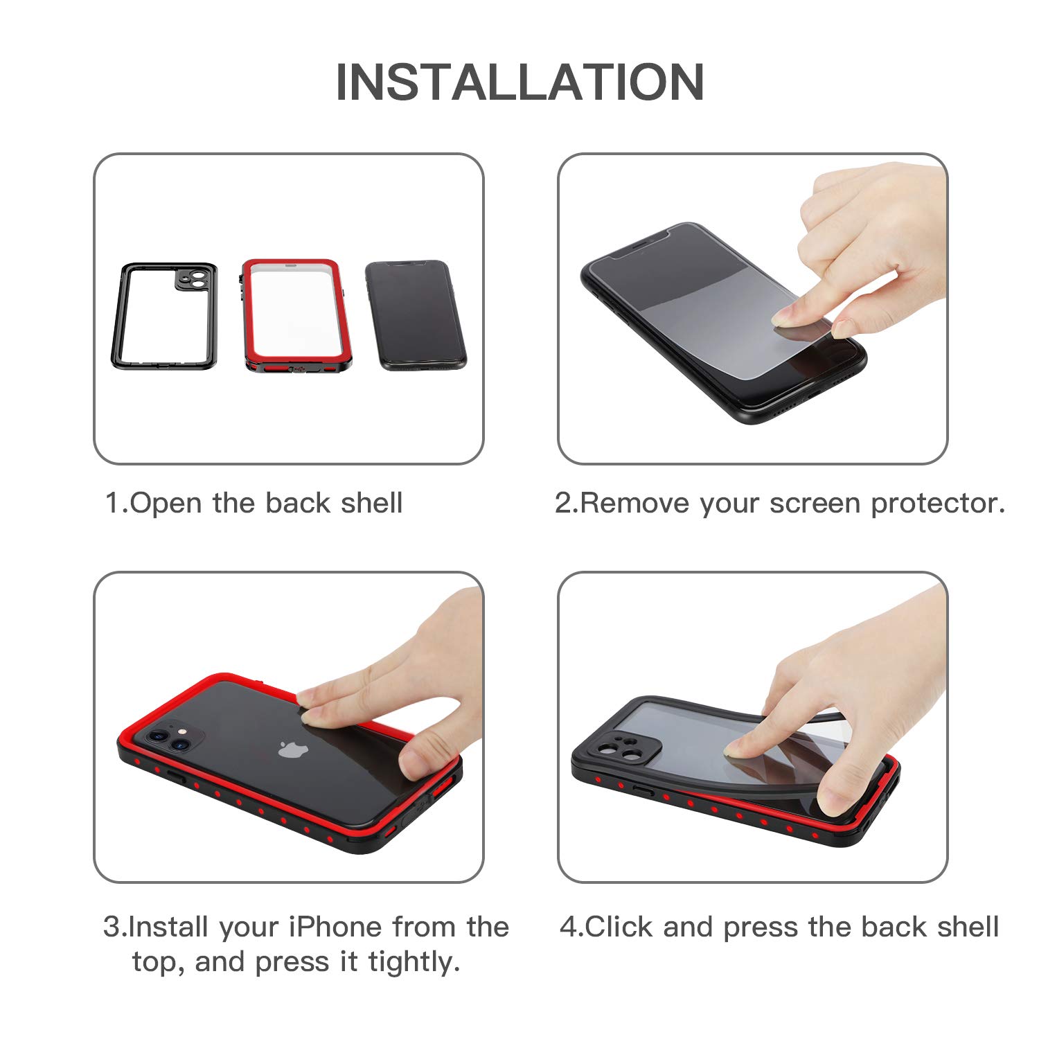 Fansteck iPhone 11 Waterproof Case, (6.1 inch) IP68 Full-Body Protective Case with Built-in Screen Protector, Snowproof/Dirtproof/Shockproof Case, High Sensitive Screen Touch (Red/Black)