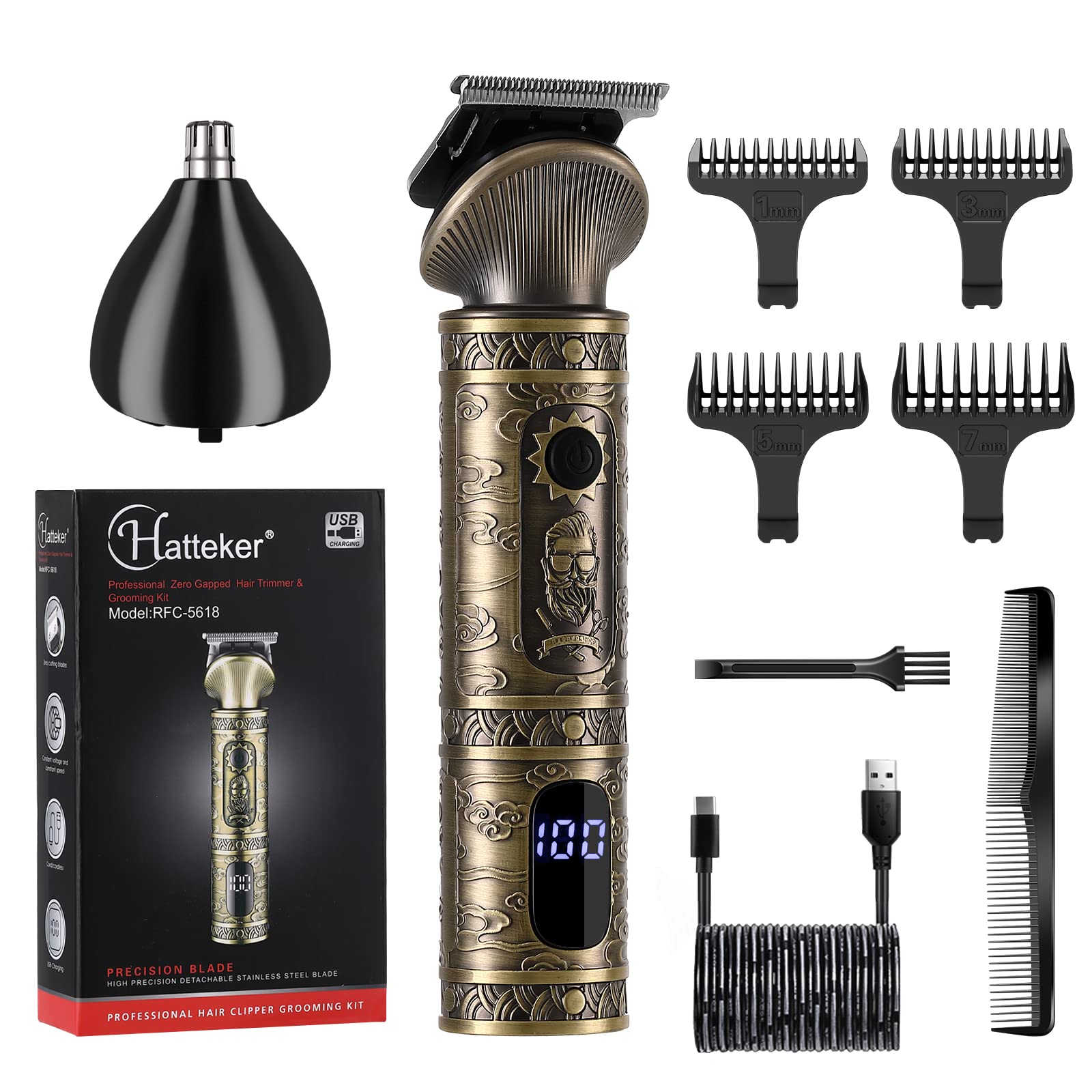Hatteker Hair Clipper for Men Professional Zero Gapped Hair Beard Trimmer Grooming Kit Nose Trimmer T-Blade Hair Cut Clipper Set for Men
