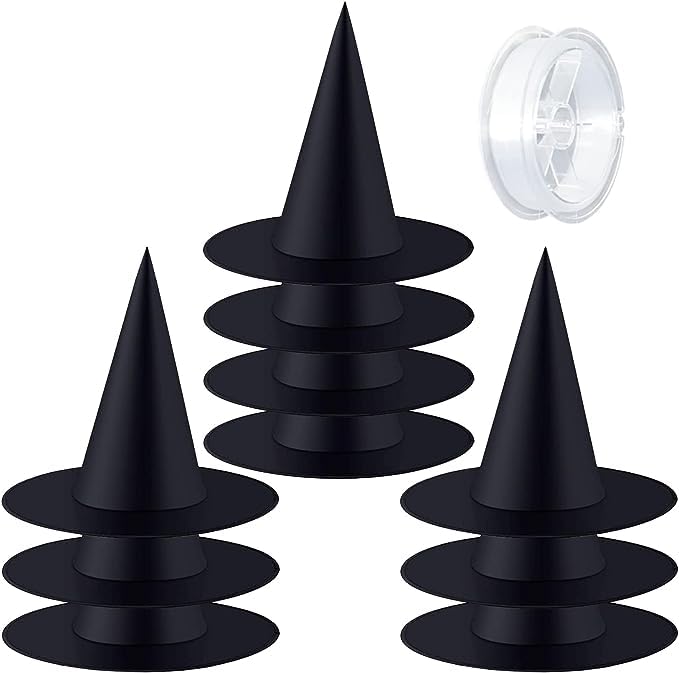 LANLV Halloween Costume Witch Hat Set - 10 Pieces Black Witches Hats with 100 Yards Hanging Rope for Party Yard Decoration