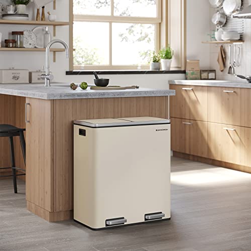 SONGMICS Trash Can, 2 x 8 Gal Garbage Can for Kitchen, with 15 Trash Bags, 2 Compartments, Plastic Inner Buckets and Hinged Lids, Airtight, Almond Color ULTB201A01