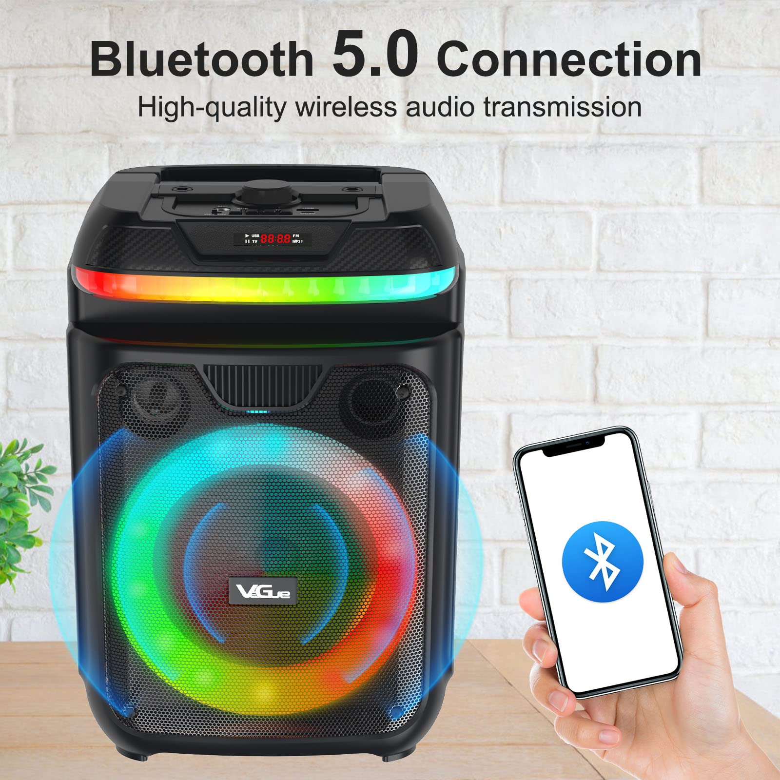 Karaoke Machine for Kids, VeGue Portable Bluetooth Speaker PA System with Wired Microphone, LED Party Lights, FM Radio, Remote Control, TWS, Rechargeable, Supports AUX/TF Card/USB (VS-0503)