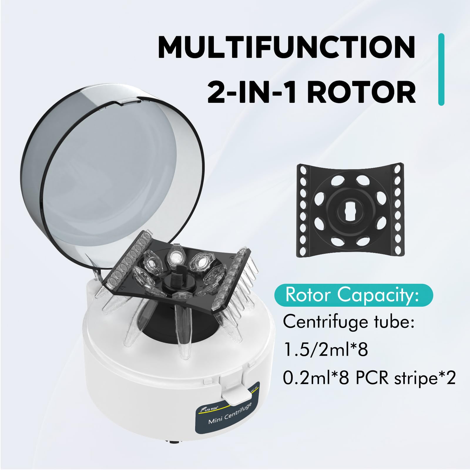 LAB FISH Mini Centrifuge Machine 4000 RPM,980 xg RCF,Lab Benchtop Microcentrifuge W/ 2-in1 Rotor for 0.2/1.5/2ml Capacity Scientific Test Tubes