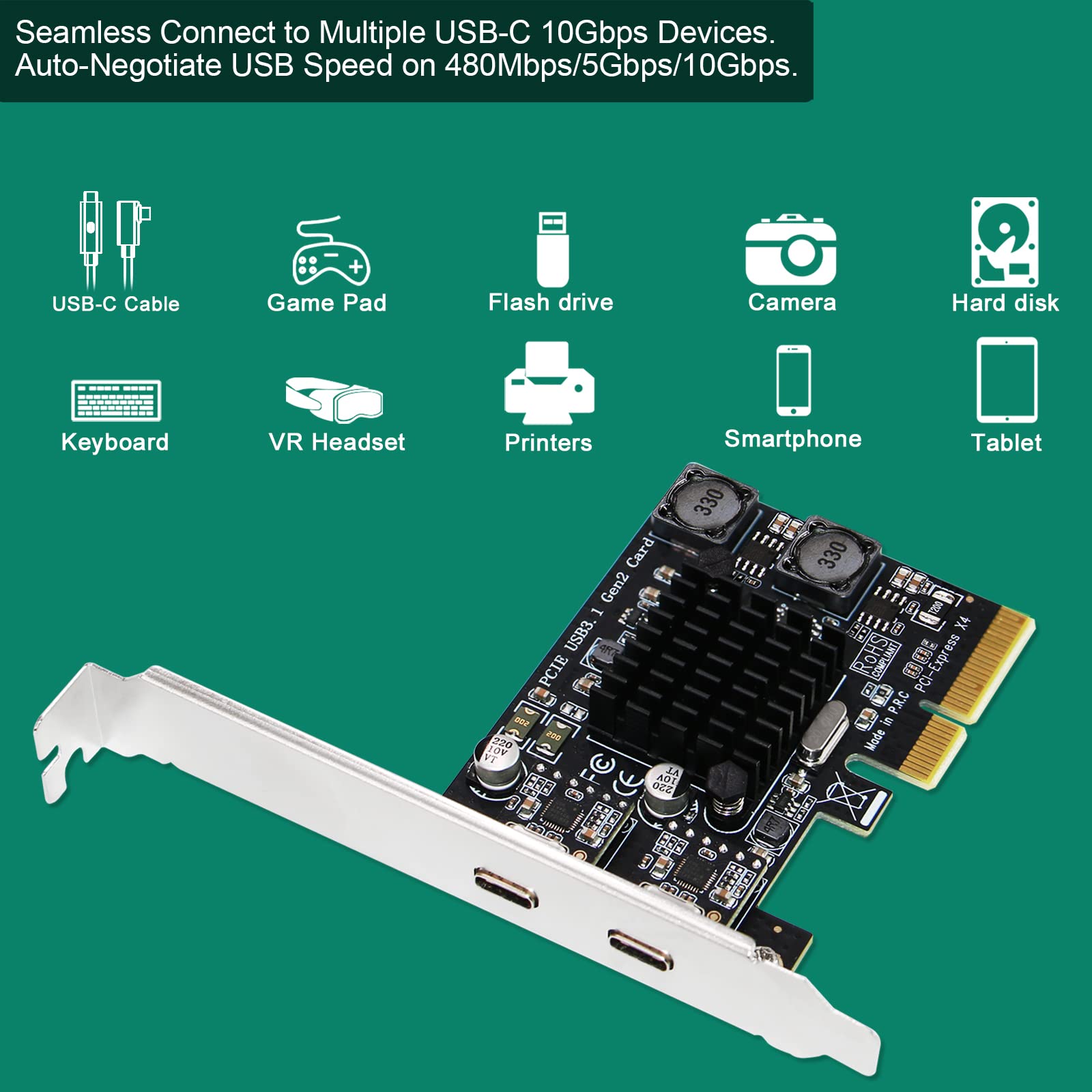 FebSmart 2X 10Gbps Max Speed USB-C Ports PCIE USB 3.1 GEN 2 Expansion Card for Windows, MAC OS and Linux PCs, Built in FebSmart Self-Powered Technology, No Need Additional Power Supply (FS-C2-Pro)