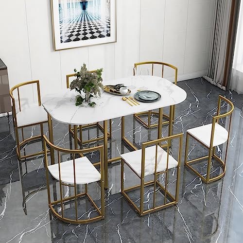 Xshelley Dining Table Set for 6, 7-Piece Dining Table Chairs Set with 1 Table 6 Chairs, Wooden Table Chairs Set for Kitchen Living Room (Gold)