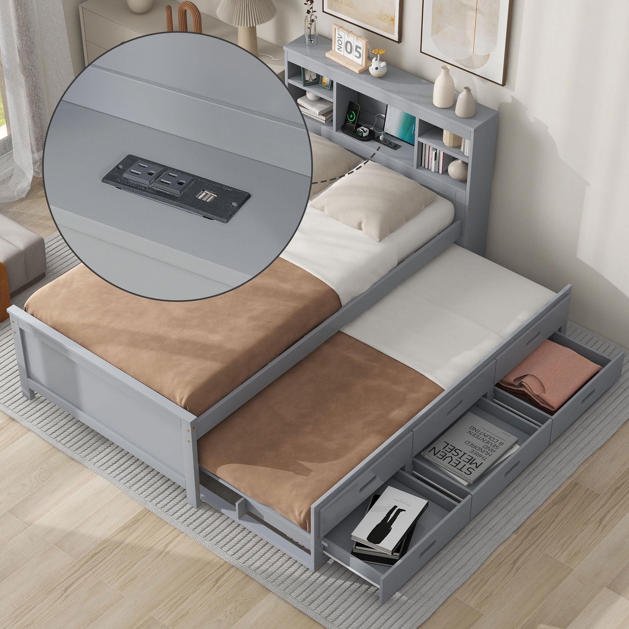 LUSPAZ Full Size Platform Bed Frame with Storage Headboard, USB Charging Station, Twin Size Trundle and 3 Drawers for Bedroom and Apartment, Wood Bed Frame, No Box Spring Required,Easy Assembly,Gray