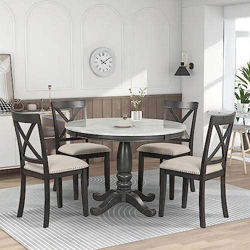Xshelley Dining Table Set for 4, 5 Piece Dining Table Set with Faux Marble Finished Table and 4 Upholstered Chairs, Modern Dining Table Set for Kitchen Dining Room Living Room (Grey)