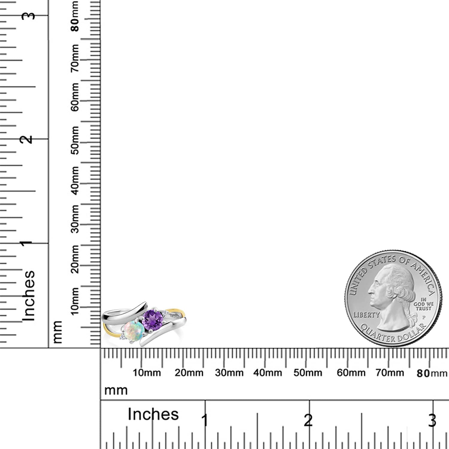 Gem Stone King 925 Sterling Silver and 10K Yellow Gold Purple Amethyst White Simulated Opal and White Lab Grown Diamond Ring For Women (1.00 Cttw, Gemstone Birthstone, Available In Size 5, 6, 7, 8, 9)