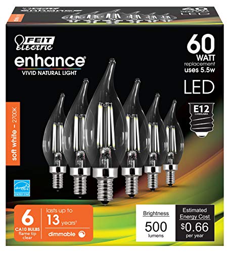 Feit Electric 60-Watt Equivalent CA10 LED Light Bulb, Dimmable Enhance Glass Candelabra Filament, 500 Lumens, 13 Yrs. Lifetime, 2700K Soft White, 6-Pack - CFC60/927CA/FIL/6