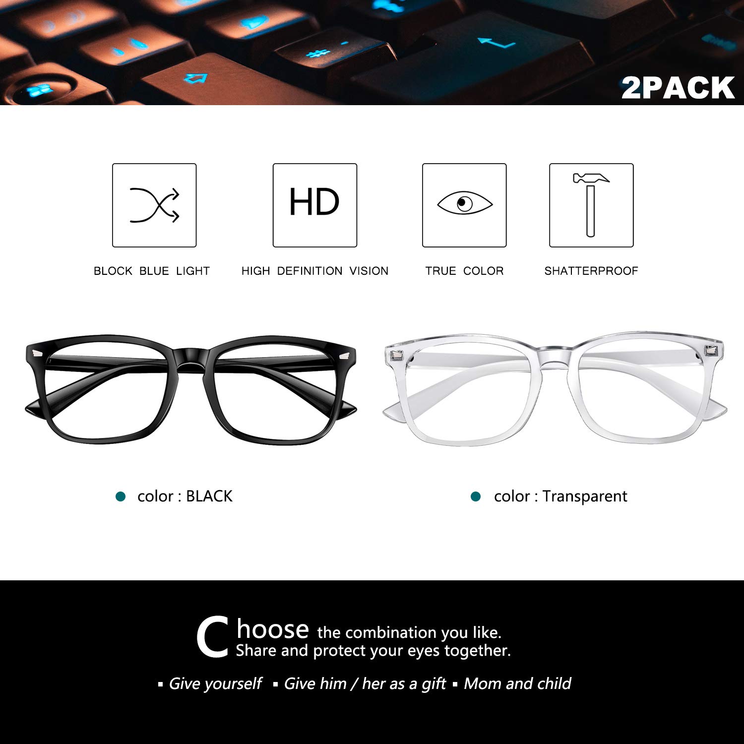 Feirdio Blue Light Blocking Glasses -2pack Square Computer Glasses Women/Men, Nerd Reading Gaming Glasses Non Prescription Blue Light Blocking Glasses
